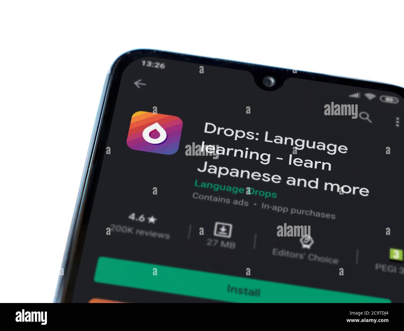 Lod, Israel - July 8, 2020: Drops - Language learning app play store page on the display of a ...