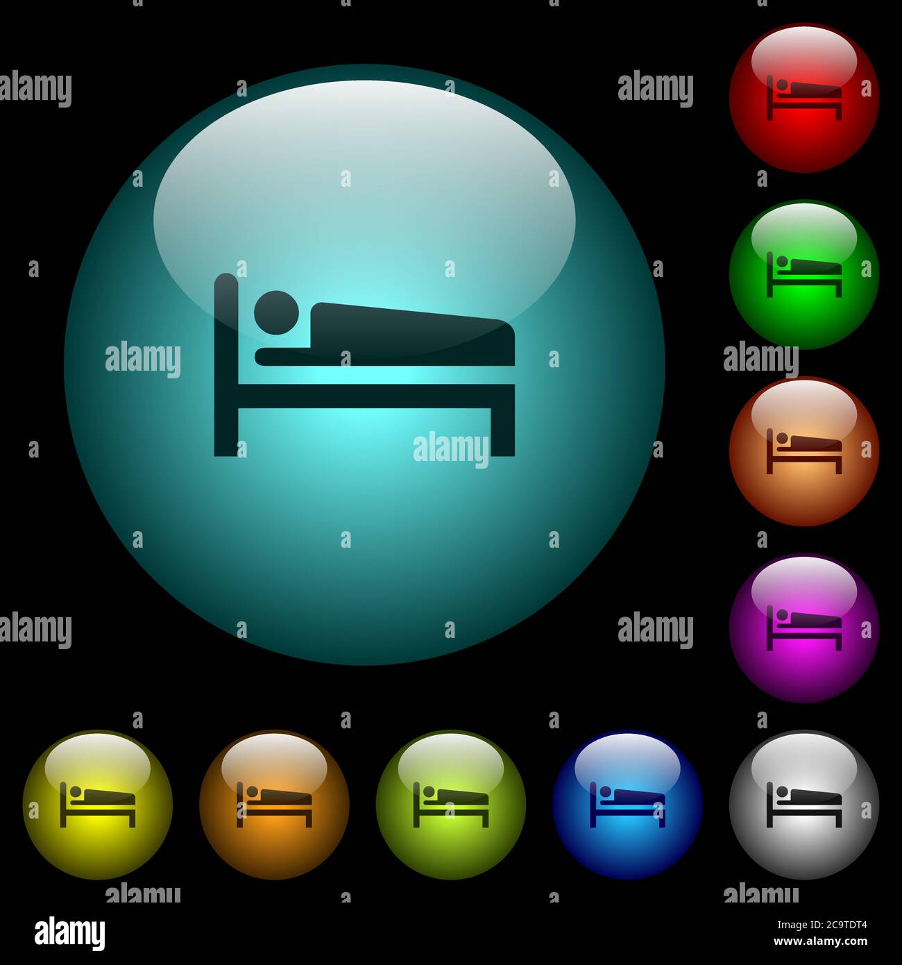 Sleeping man icons in color illuminated spherical glass buttons on ...