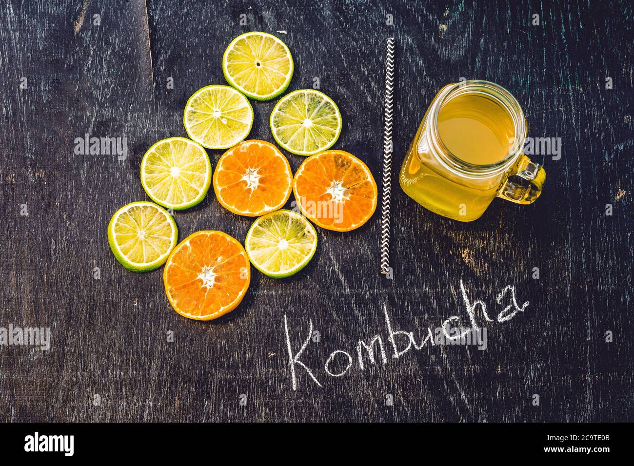 Homemade Fermented Raw Kombucha Tea Ready To Drink With Orange And Lime