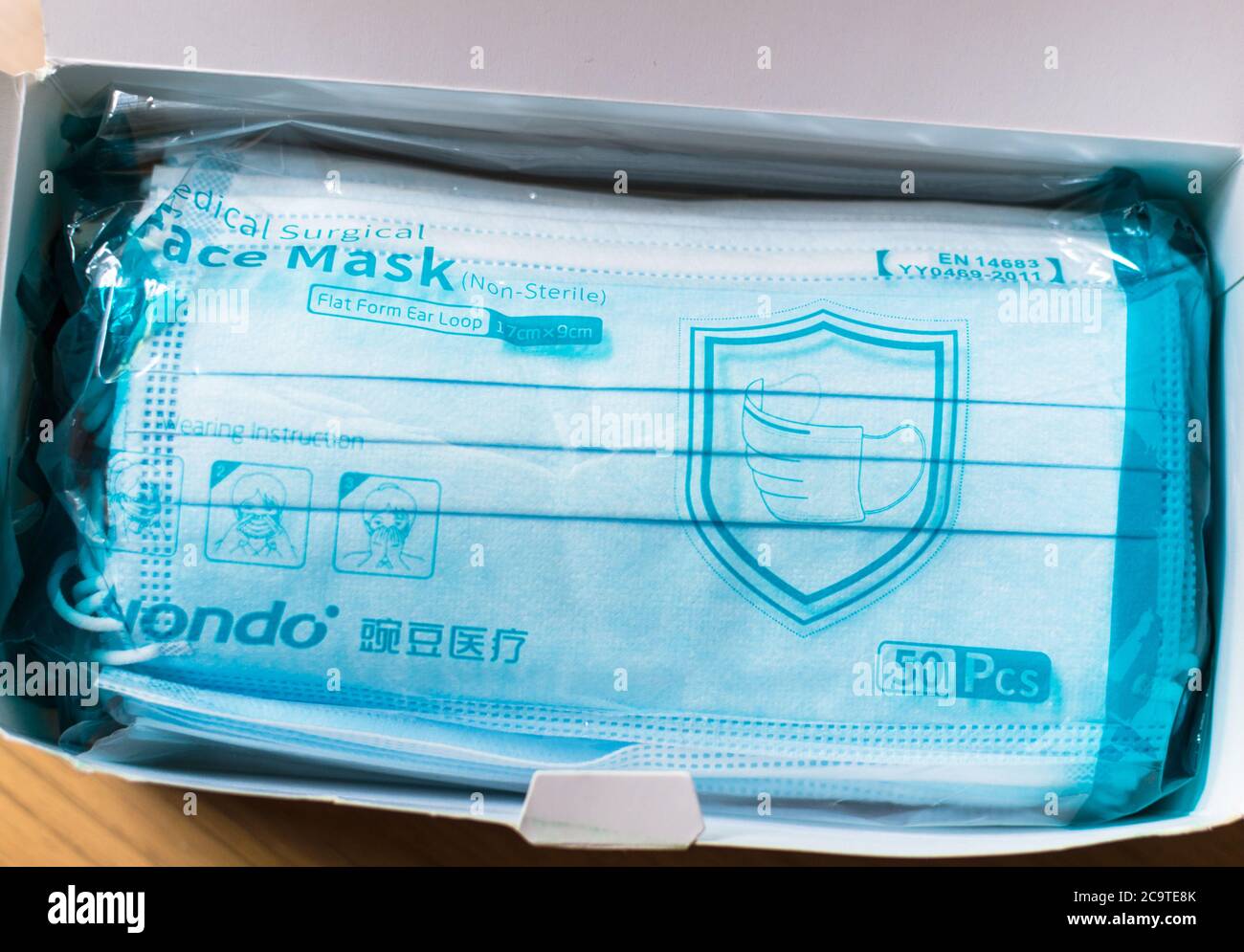 Surgical face masks in a box which is used s face covering for ...