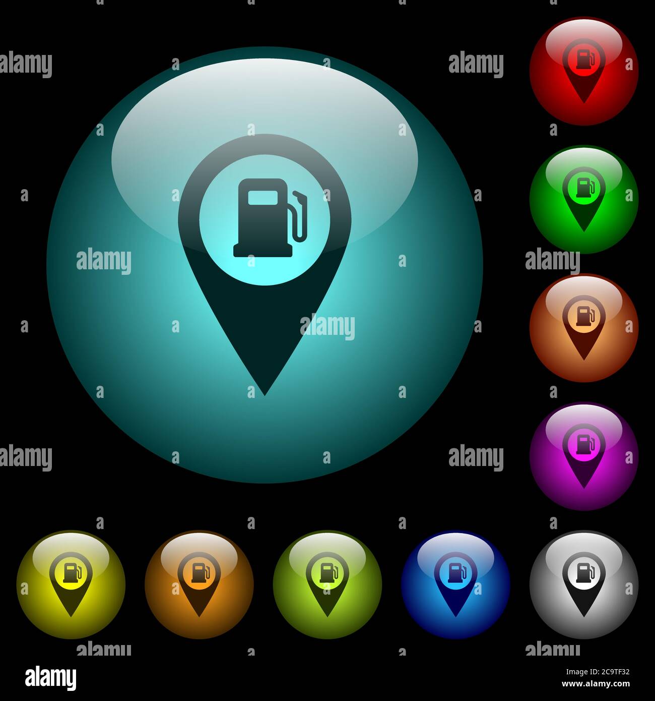 Gas station GPS map location icons in color illuminated spherical glass ...