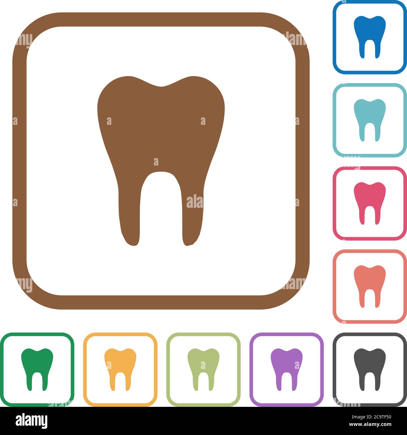 Single tooth simple icons in color rounded square frames on white ...