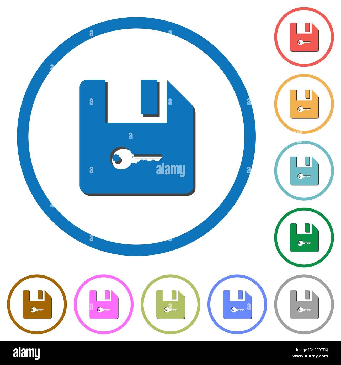 Encrypt file flat color vector icons with shadows in round outlines on ...