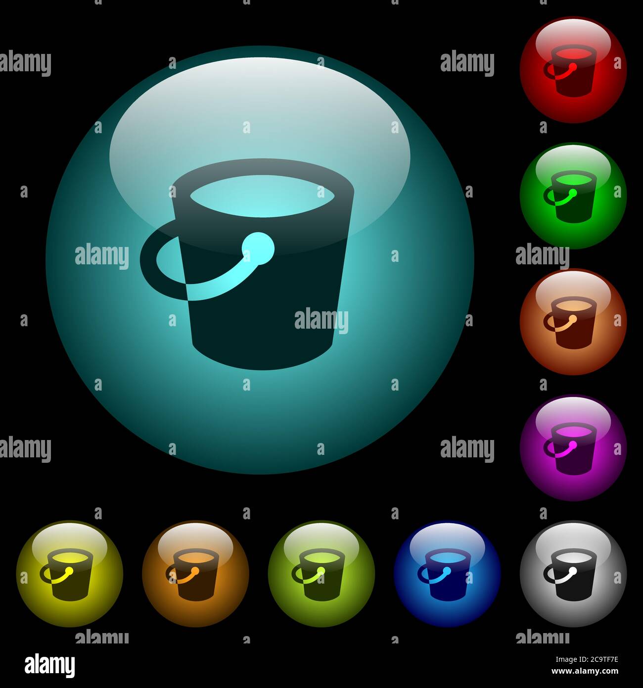 Bucket icons in color illuminated spherical glass buttons on black ...