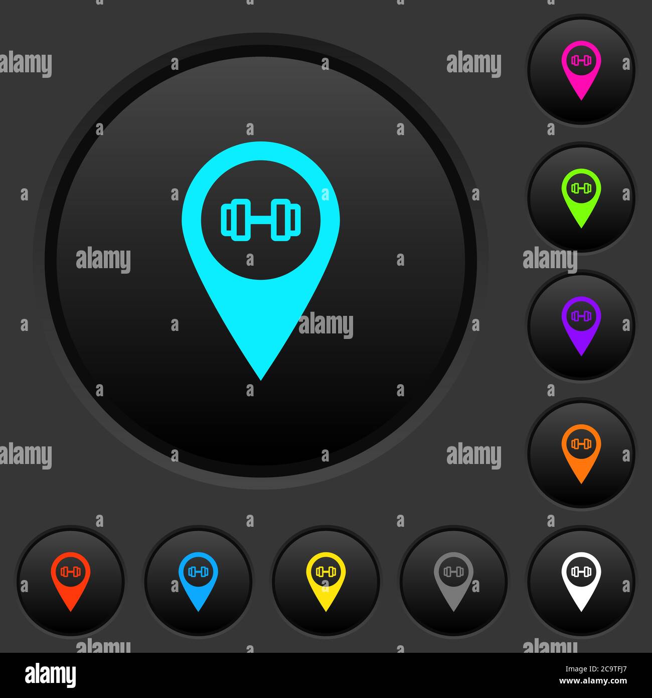 Gym GPS map location dark push buttons with vivid color icons on dark ...