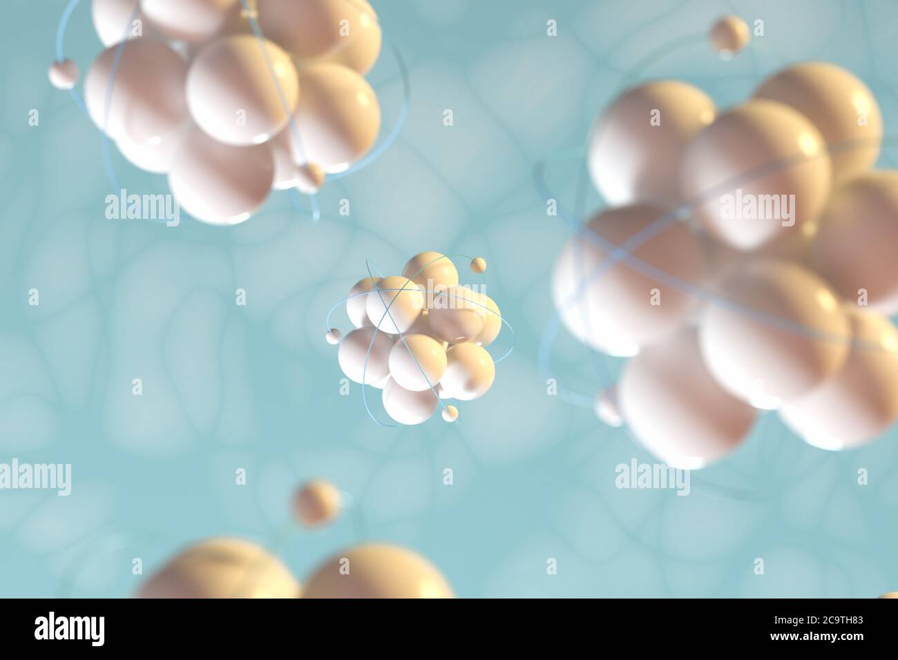 Atom spheres with cyan organic background, 3d rendering. Computer ...