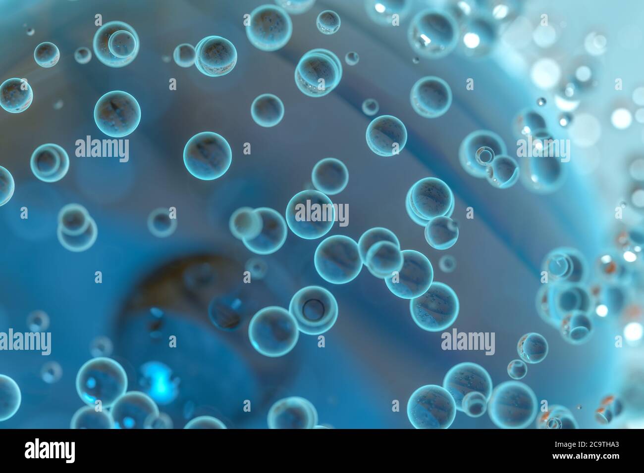 Blue atom spheres with bubbles on the surface, 3d rendering. Computer ...
