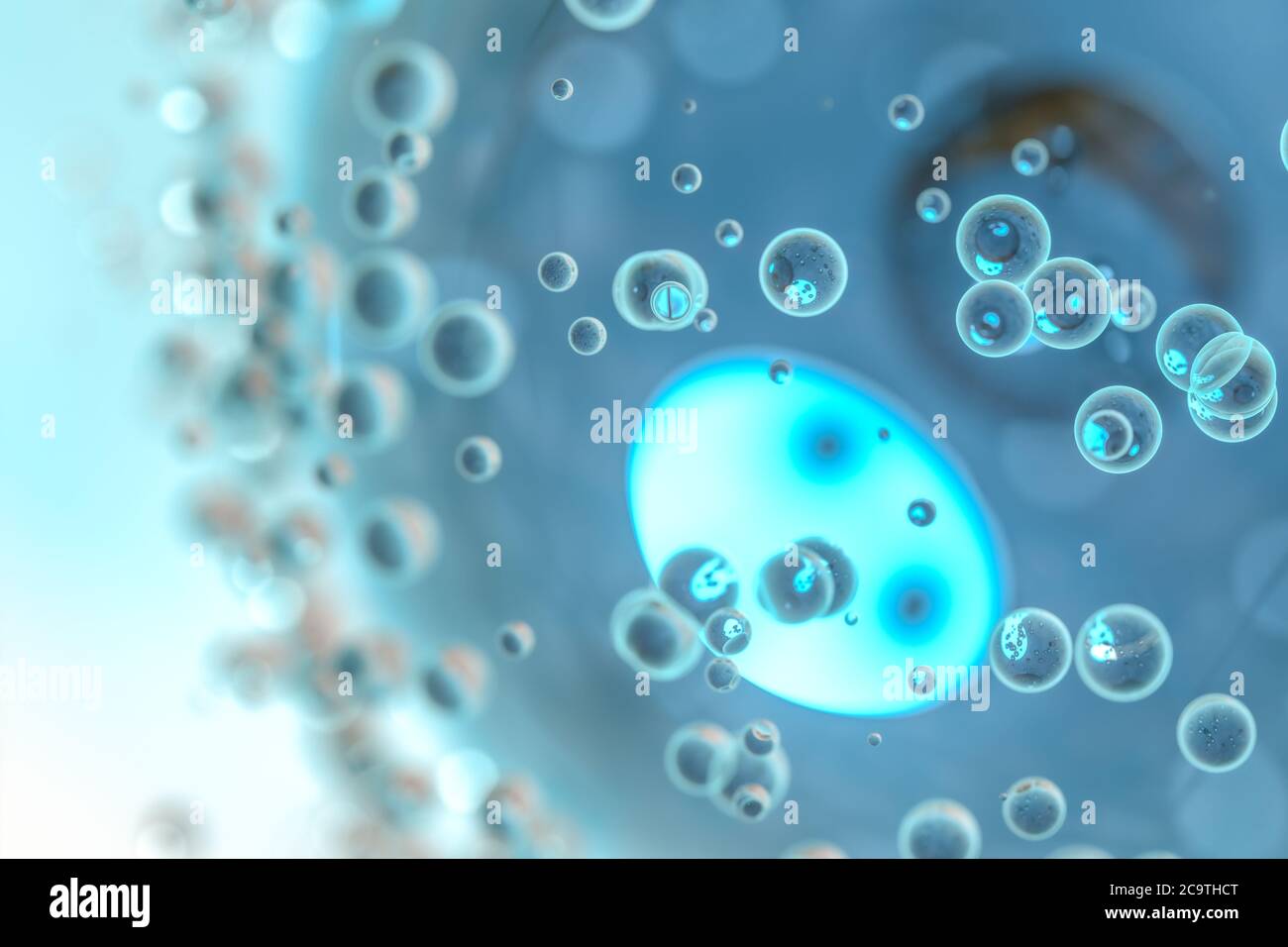 Blue atom spheres with bubbles on the surface, 3d rendering. Computer ...