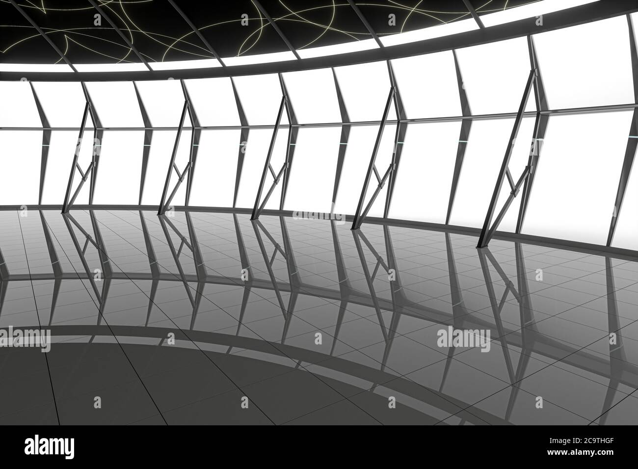 Dark round room with reflective floor, 3d rendering. Computer digital ...