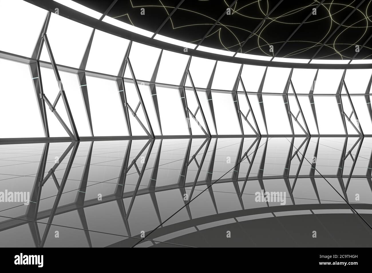 Dark round room with reflective floor, 3d rendering. Computer digital ...