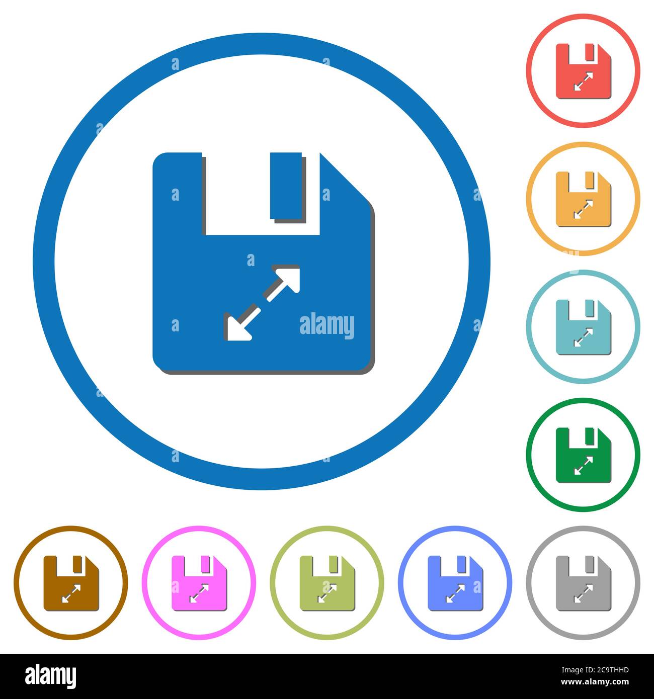 Uncompress file flat color vector icons with shadows in round outlines ...