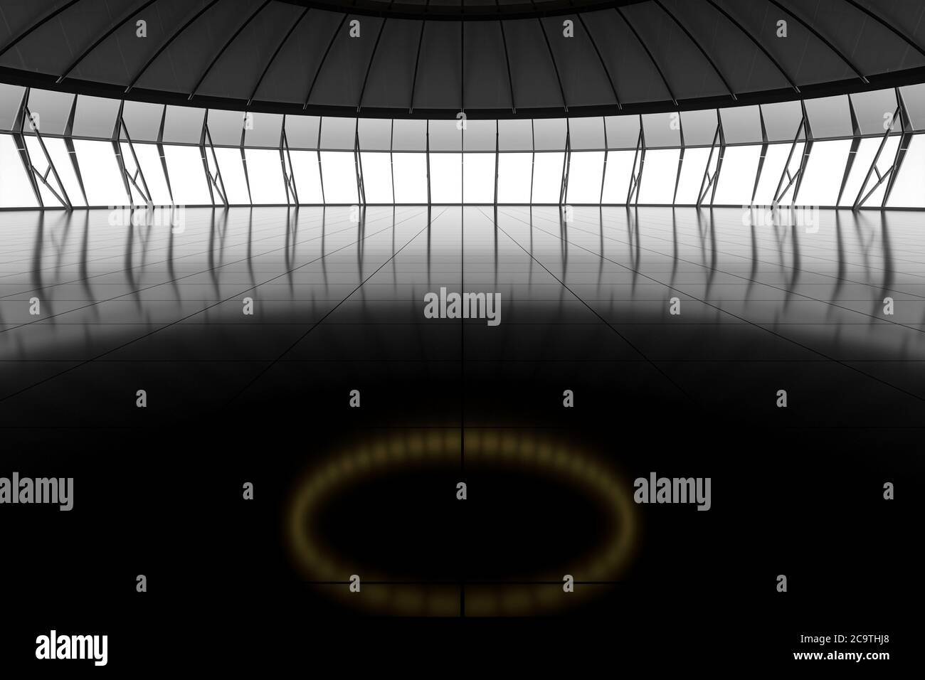 Dark round room with reflective floor, 3d rendering. Computer digital ...