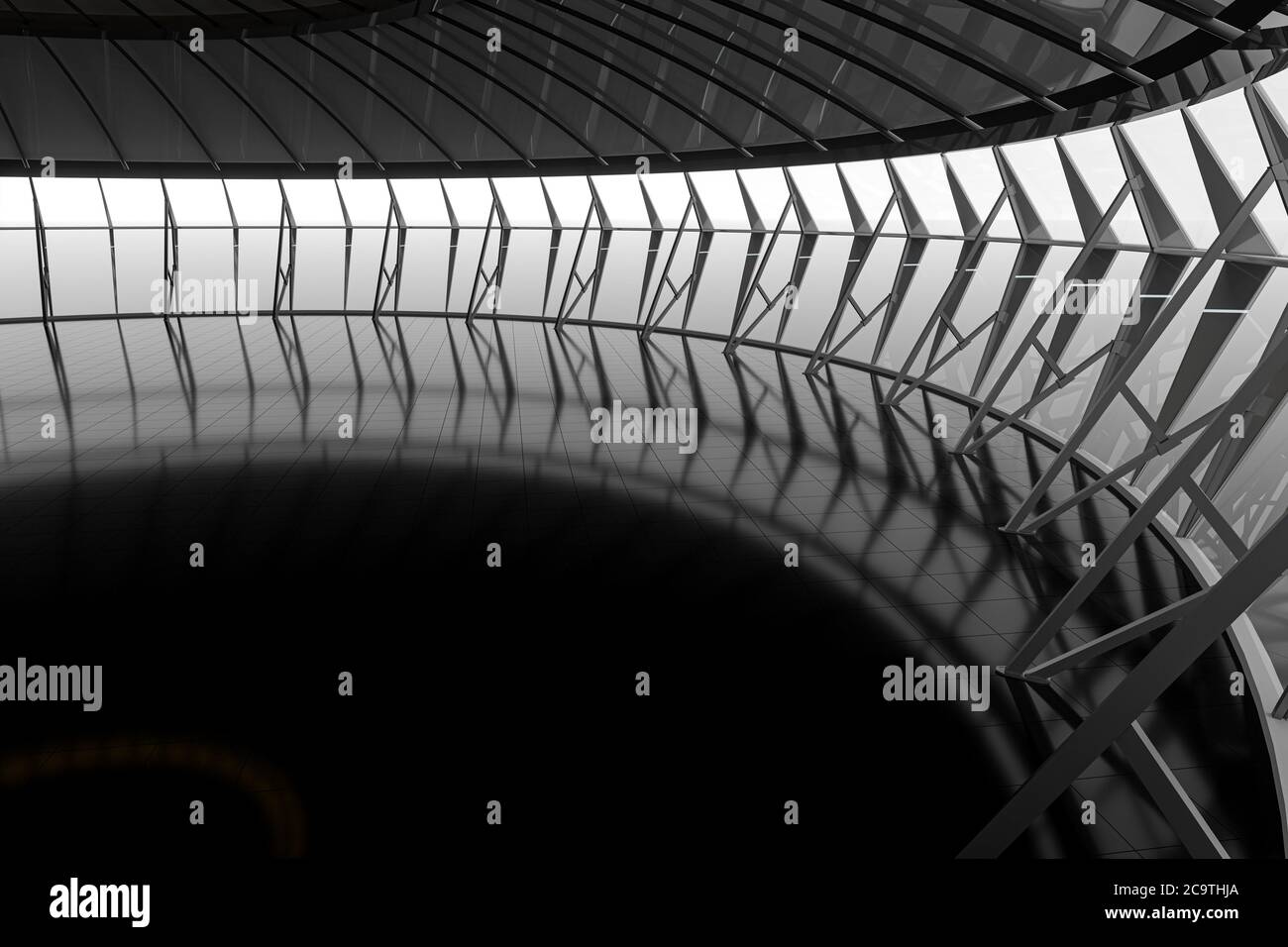 Dark round room with reflective floor, 3d rendering. Computer digital ...