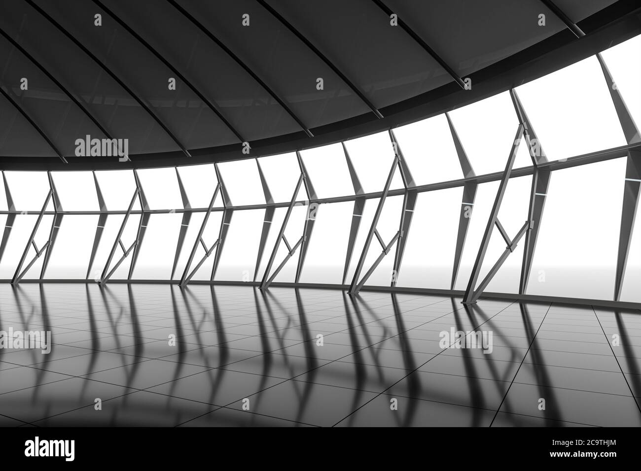 Dark round room with reflective floor, 3d rendering. Computer digital ...