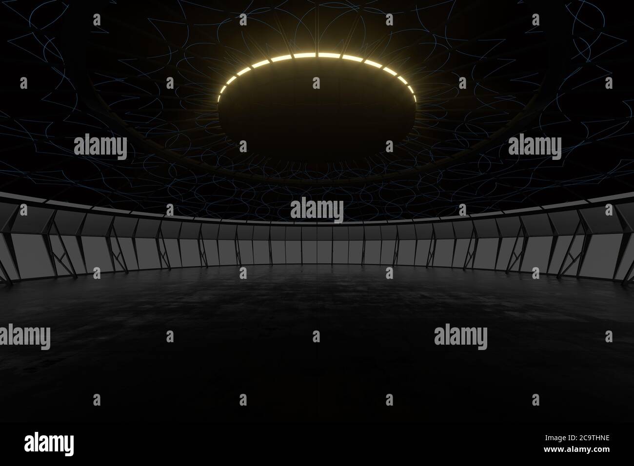 Dark round room with reflective floor, 3d rendering. Computer digital ...