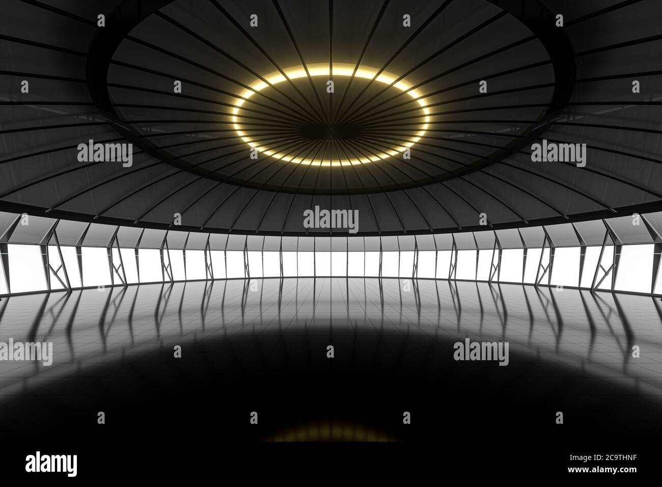Dark round room with reflective floor, 3d rendering. Computer digital ...