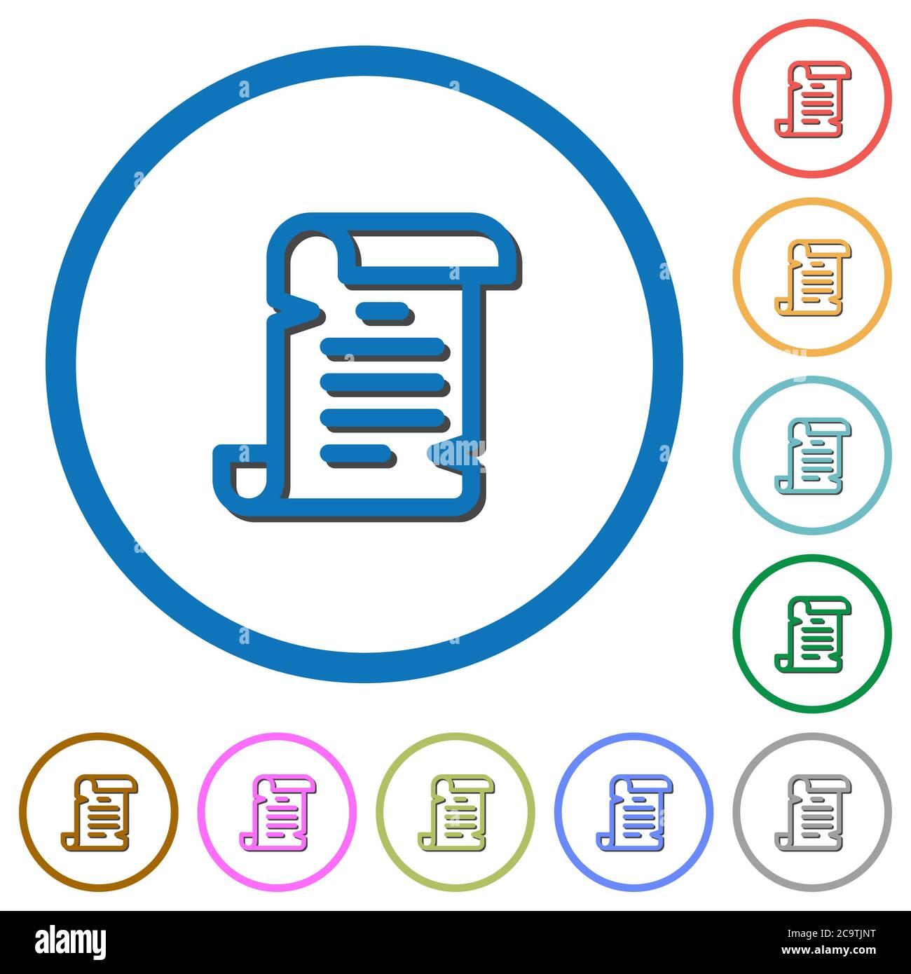 Paper scroll flat color vector icons with shadows in round outlines on ...