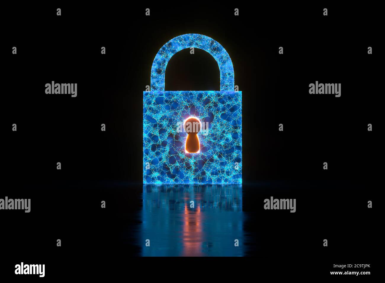 Security lock with glowing sketch lines, 3d rendering. Computer digital ...