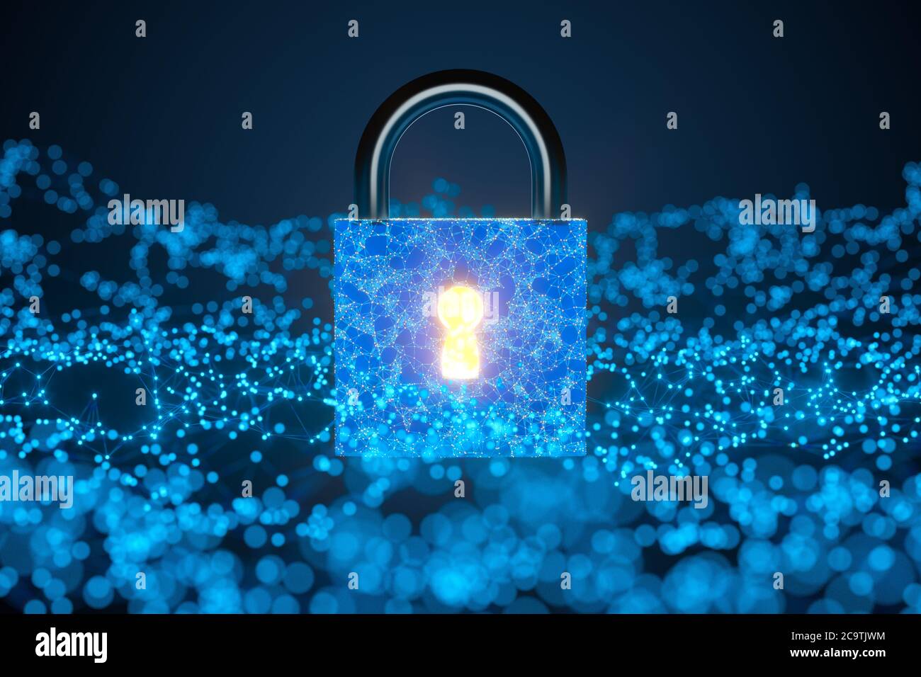 Security lock with glowing sketch lines, 3d rendering. Computer digital ...