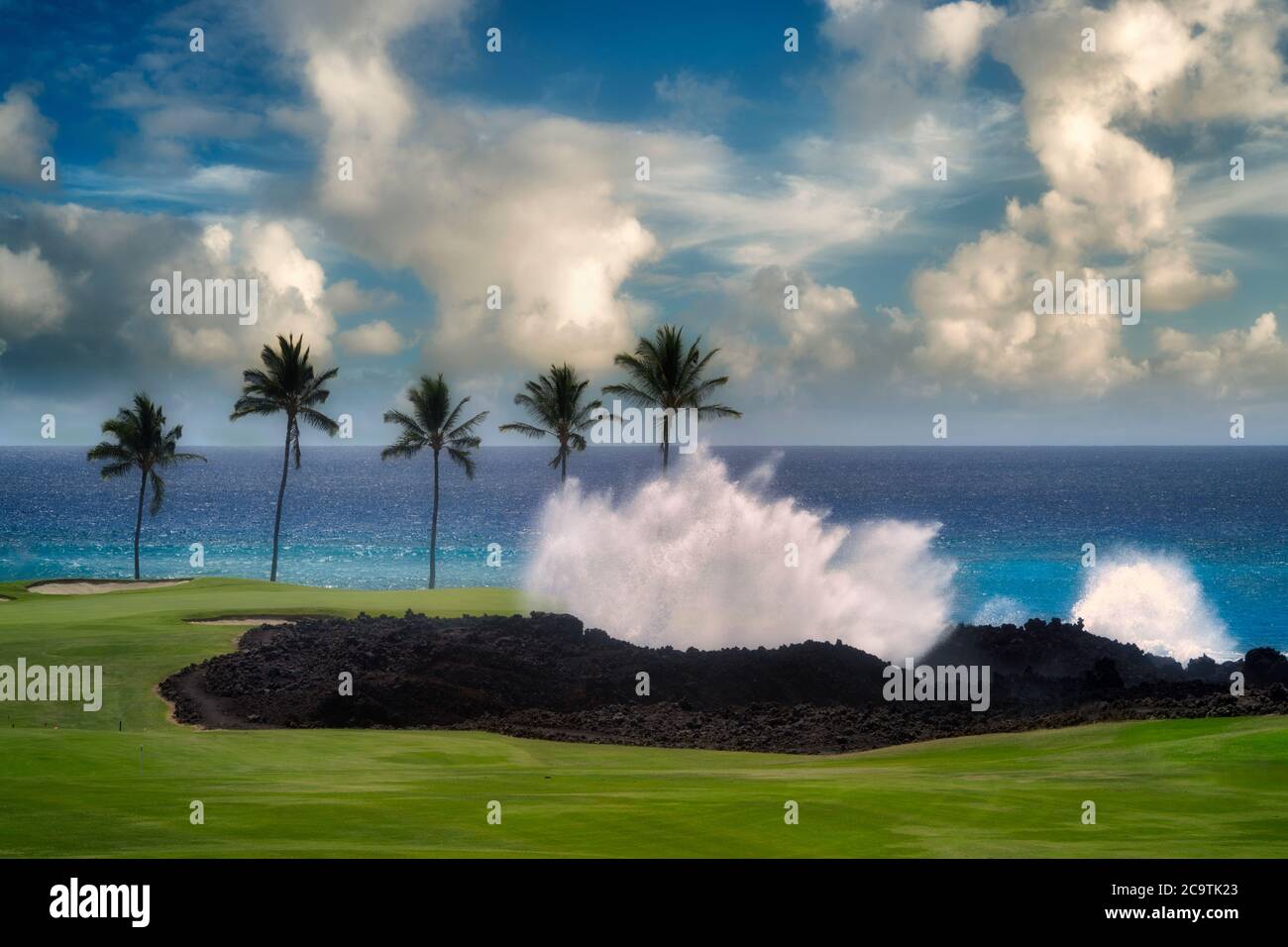 Crashing waves, palm trees and golf course. Hilton Waikoloa Beach Golf ...