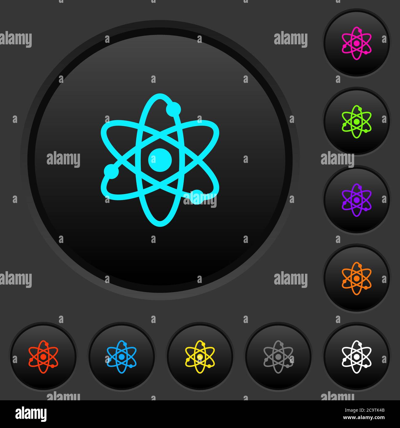 Atom symbol dark push buttons with vivid color icons on dark grey ...