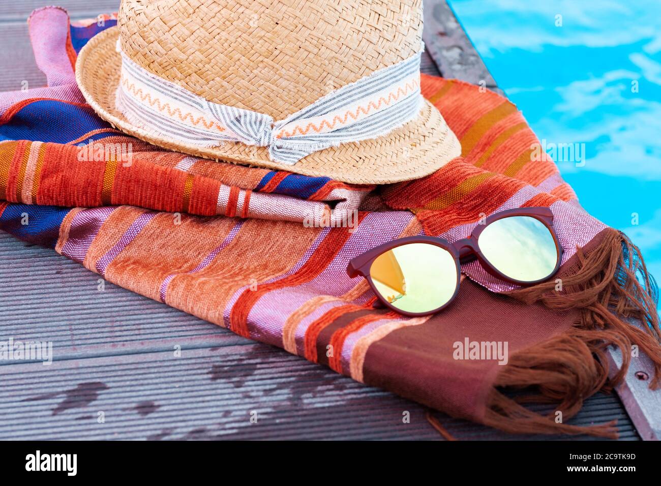Vintage summer wicker straw beach hat, sun glasses, cover-up beachwear ...