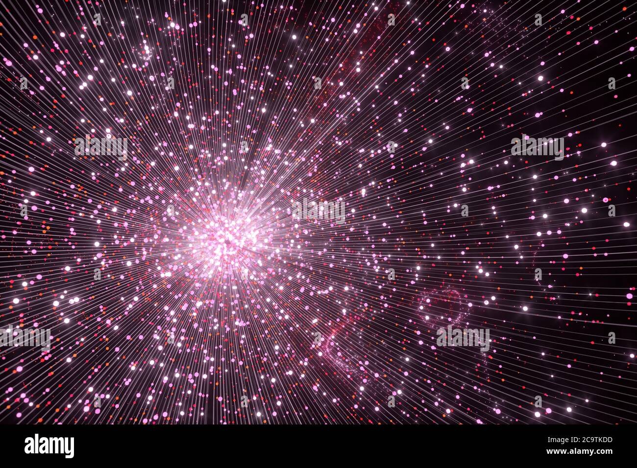 Glowing pink particles with trails, 3d rendering. Computer digital ...