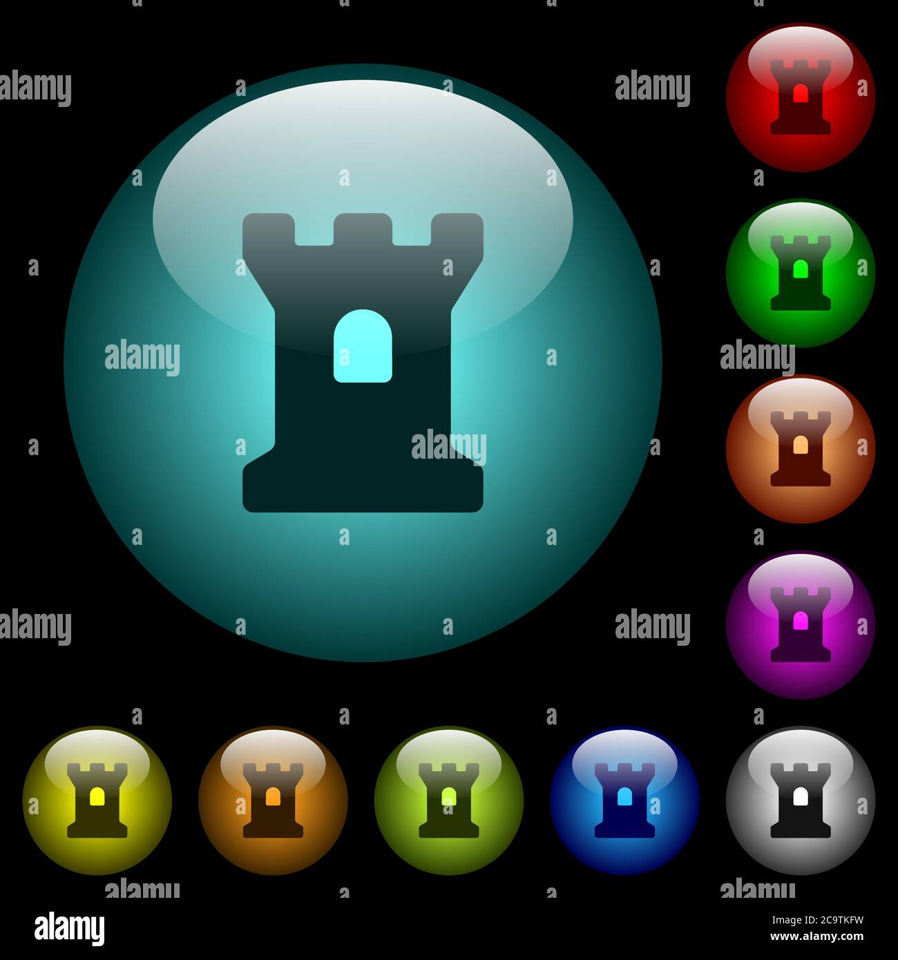 Bastion icons in color illuminated spherical glass buttons on black ...