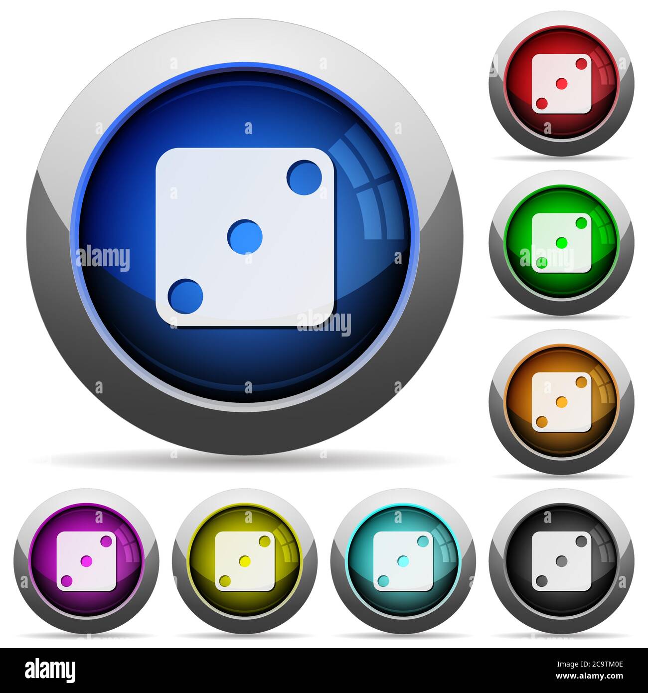 Domino three icons in round glossy buttons with steel frames Stock ...