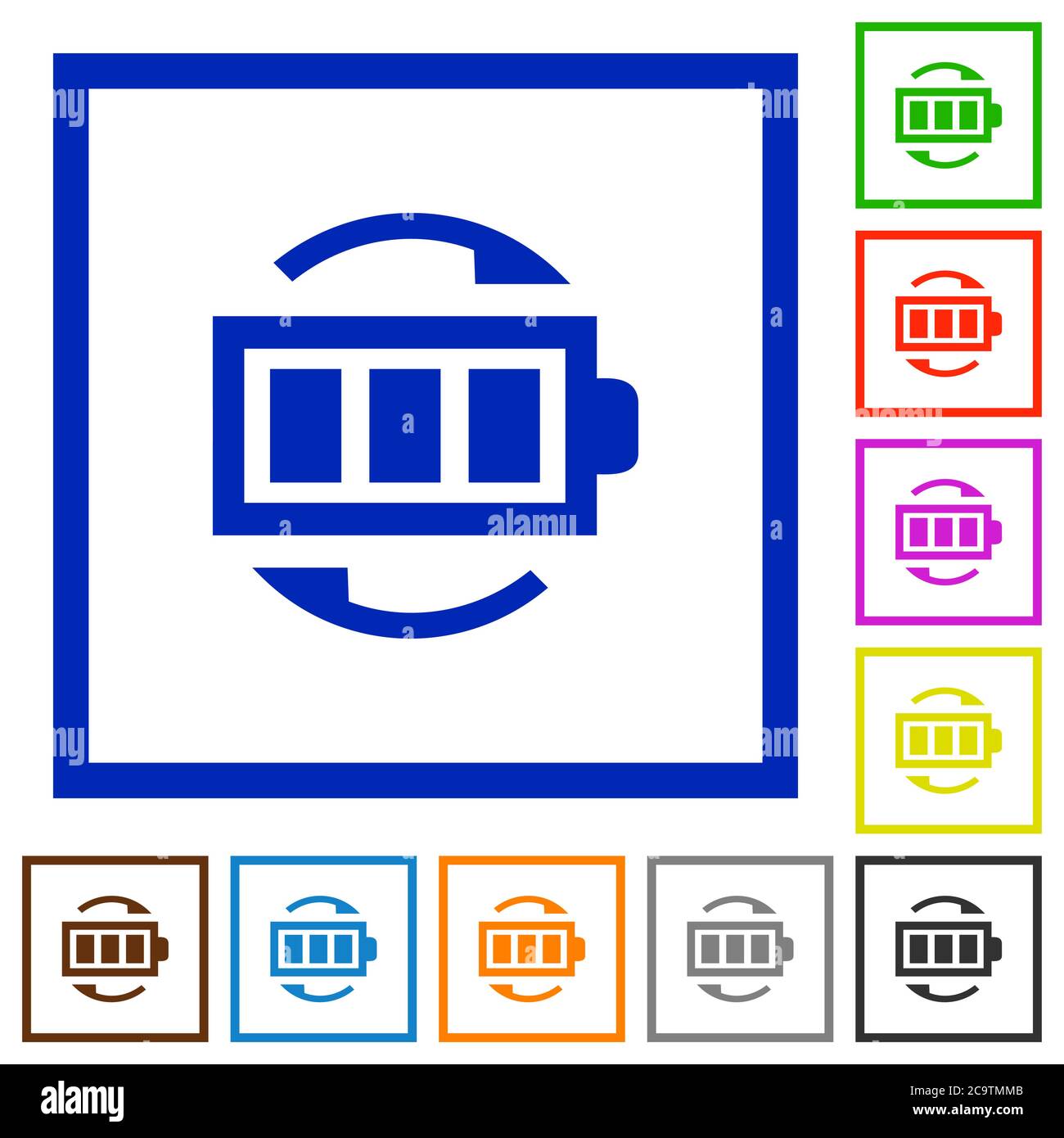Rechargeable battery flat color icons in square frames on white ...