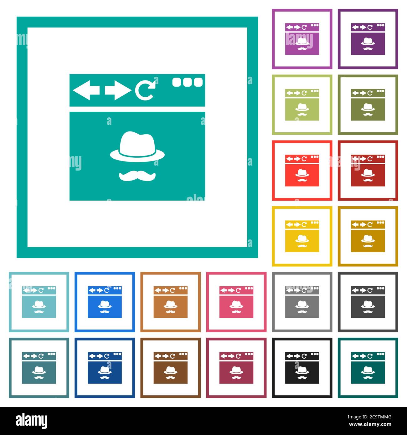 Browser incognito window flat color icons with quadrant frames on white ...