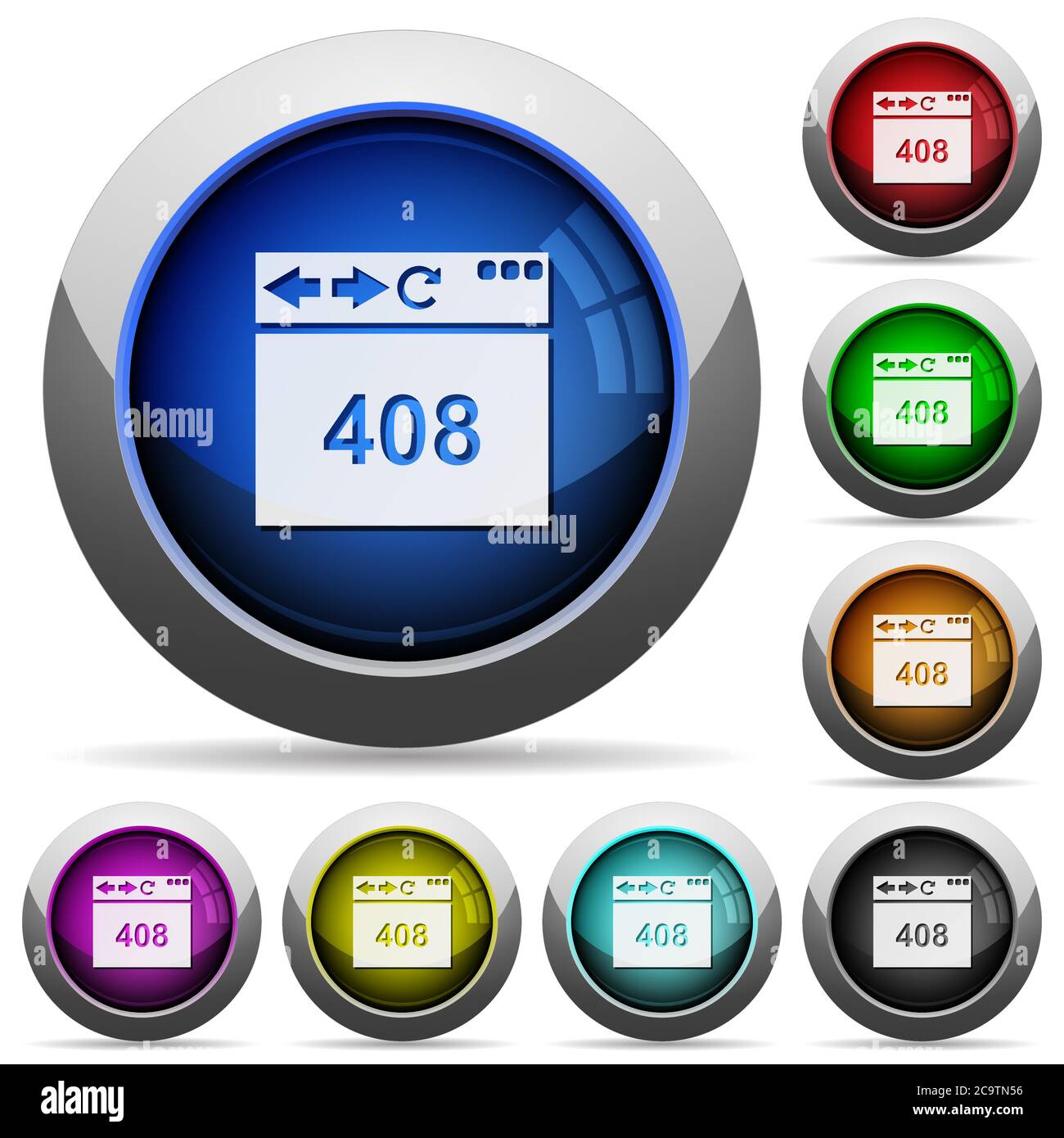 Browser 408 request timeout icons in round glossy buttons with steel ...