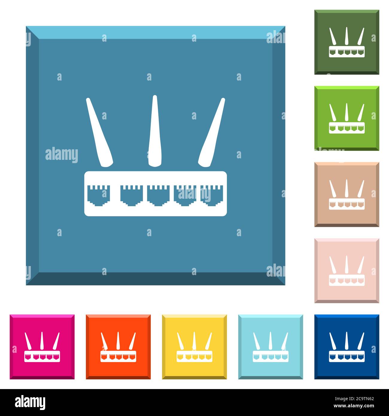 Wireless router white icons on edged square buttons in various trendy ...