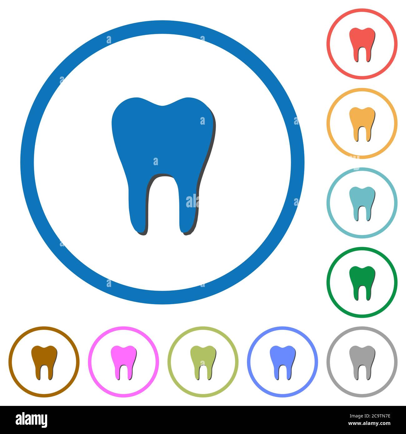 Single tooth flat color vector icons with shadows in round outlines on ...