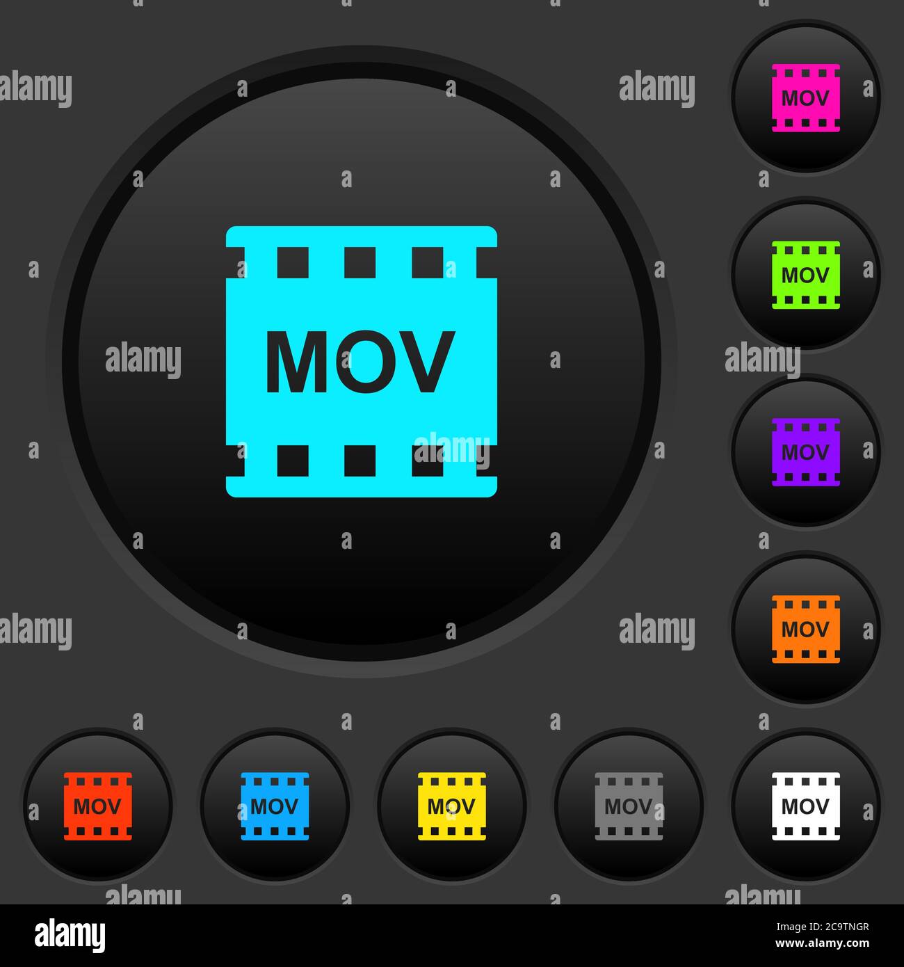 MOV movie format dark push buttons with vivid color icons on dark grey ...