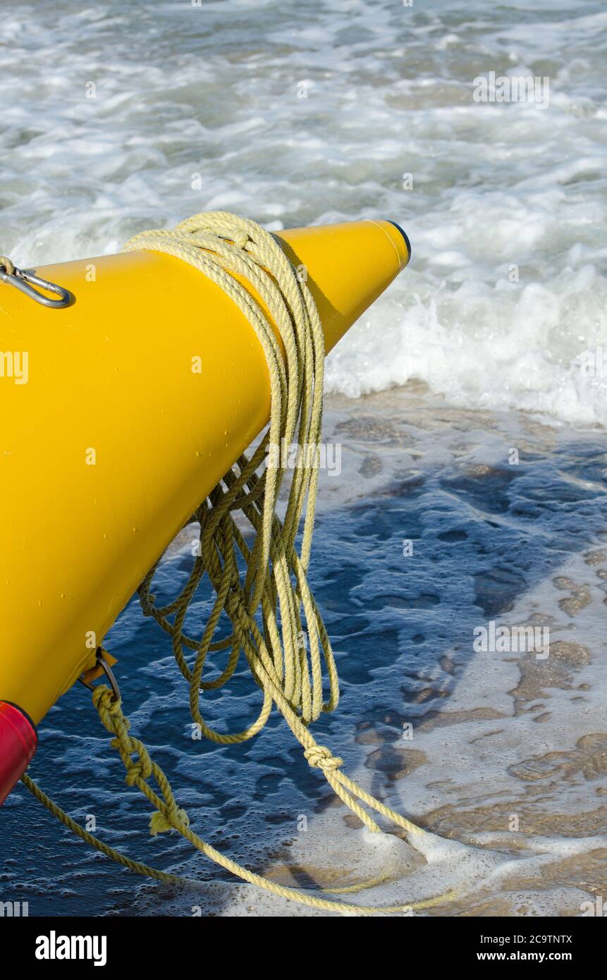 Nose yellow inflatable boat on the sea shore. Close-up, sunlight Stock ...