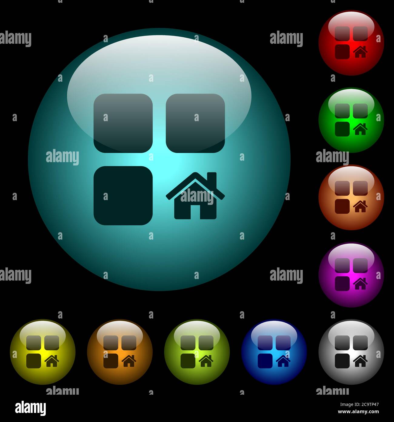 Default component icons in color illuminated spherical glass buttons on ...