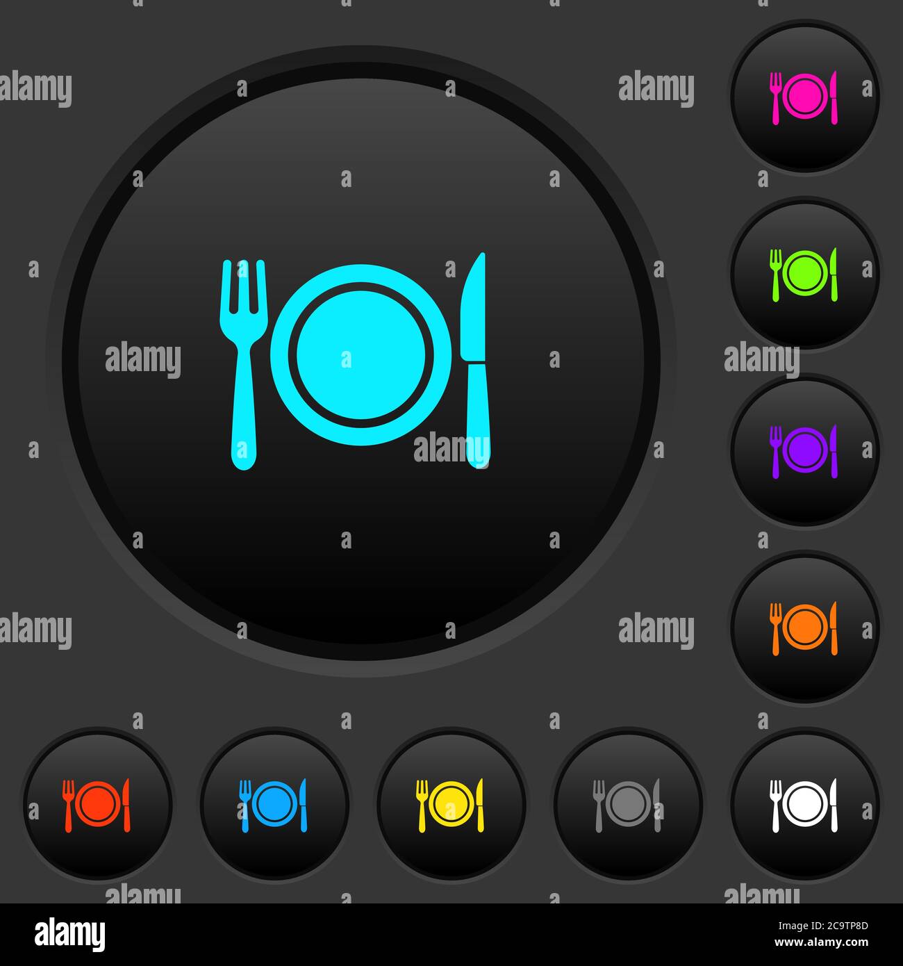 Dinner dark push buttons with vivid color icons on dark grey background ...