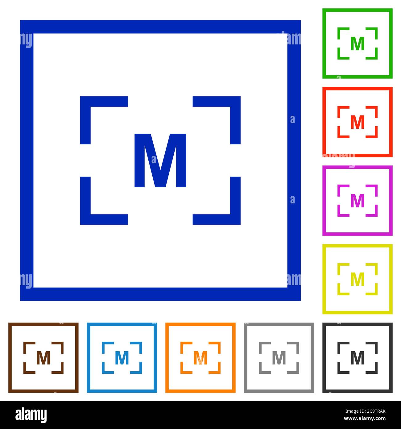 Camera manual settings mode flat color icons in square frames on white ...