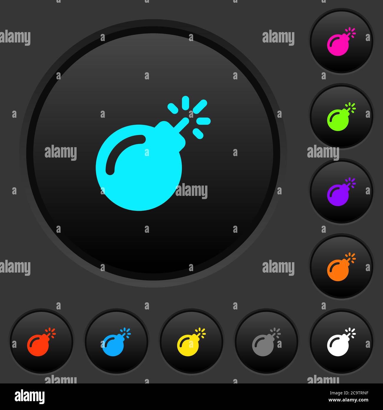 Bomb with sparkling fuse dark push buttons with vivid color icons on ...