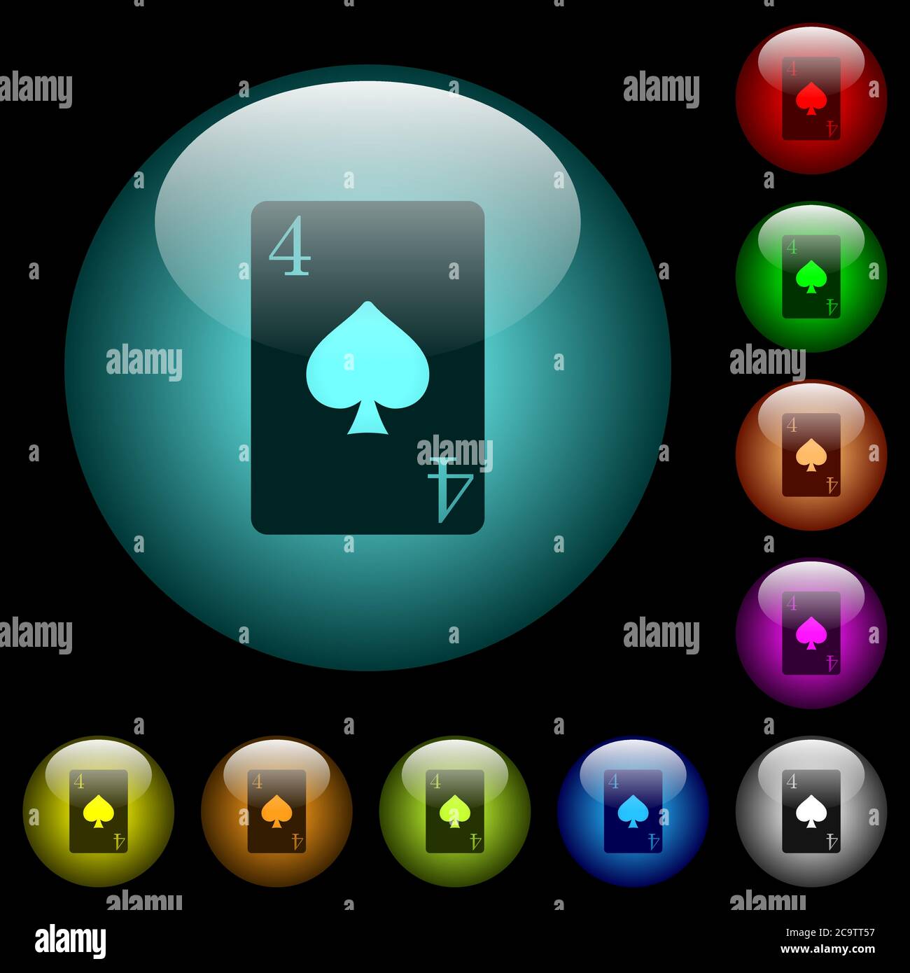 Four of spades card icons in color illuminated spherical glass buttons ...
