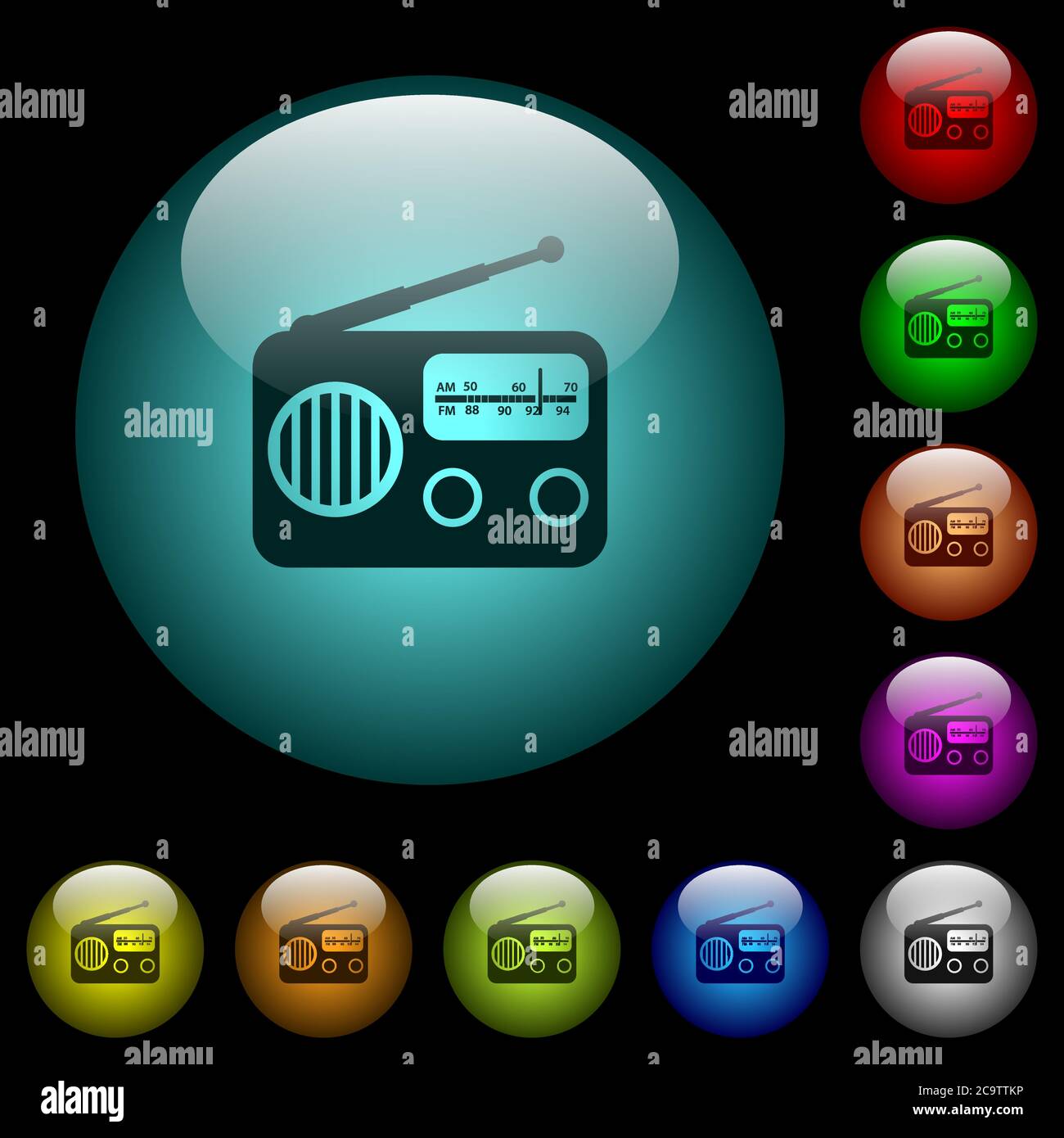 Vintage retro radio icons in color illuminated spherical glass buttons ...