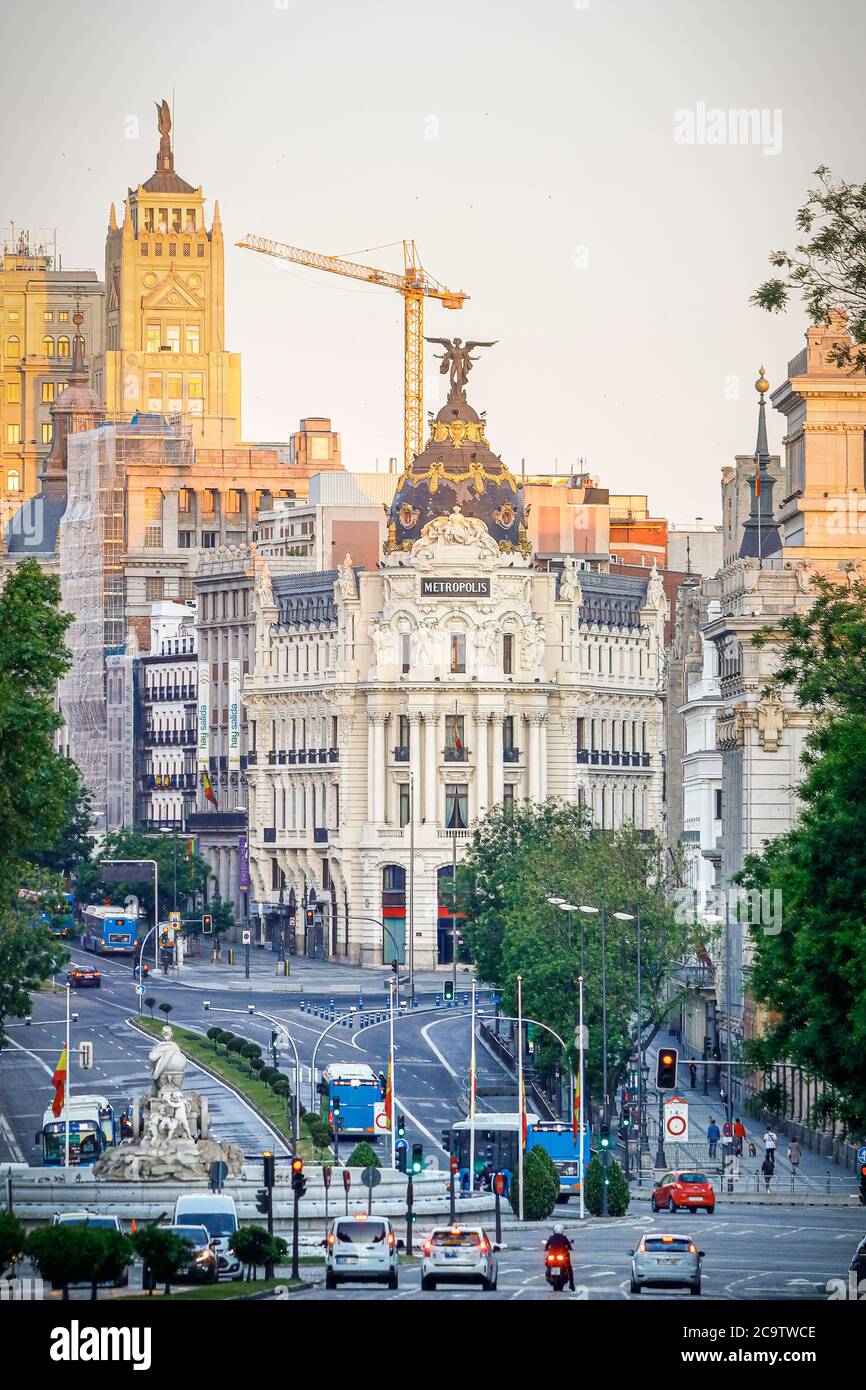Madrid, Spain 22 may 2020: vertical cityscape at Alcala and Gran Via ...