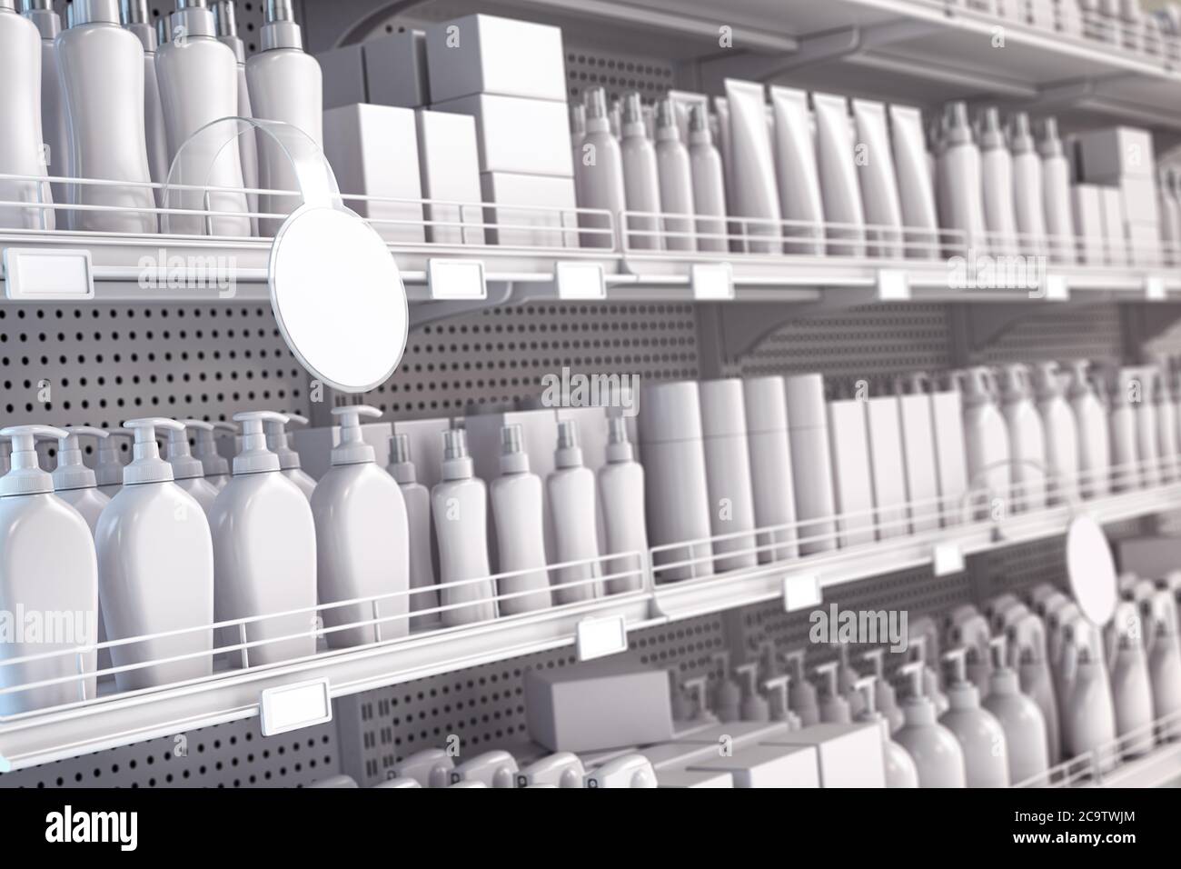 White supermarket shelf with cosmetics products, bottles, tubes, boxes ...