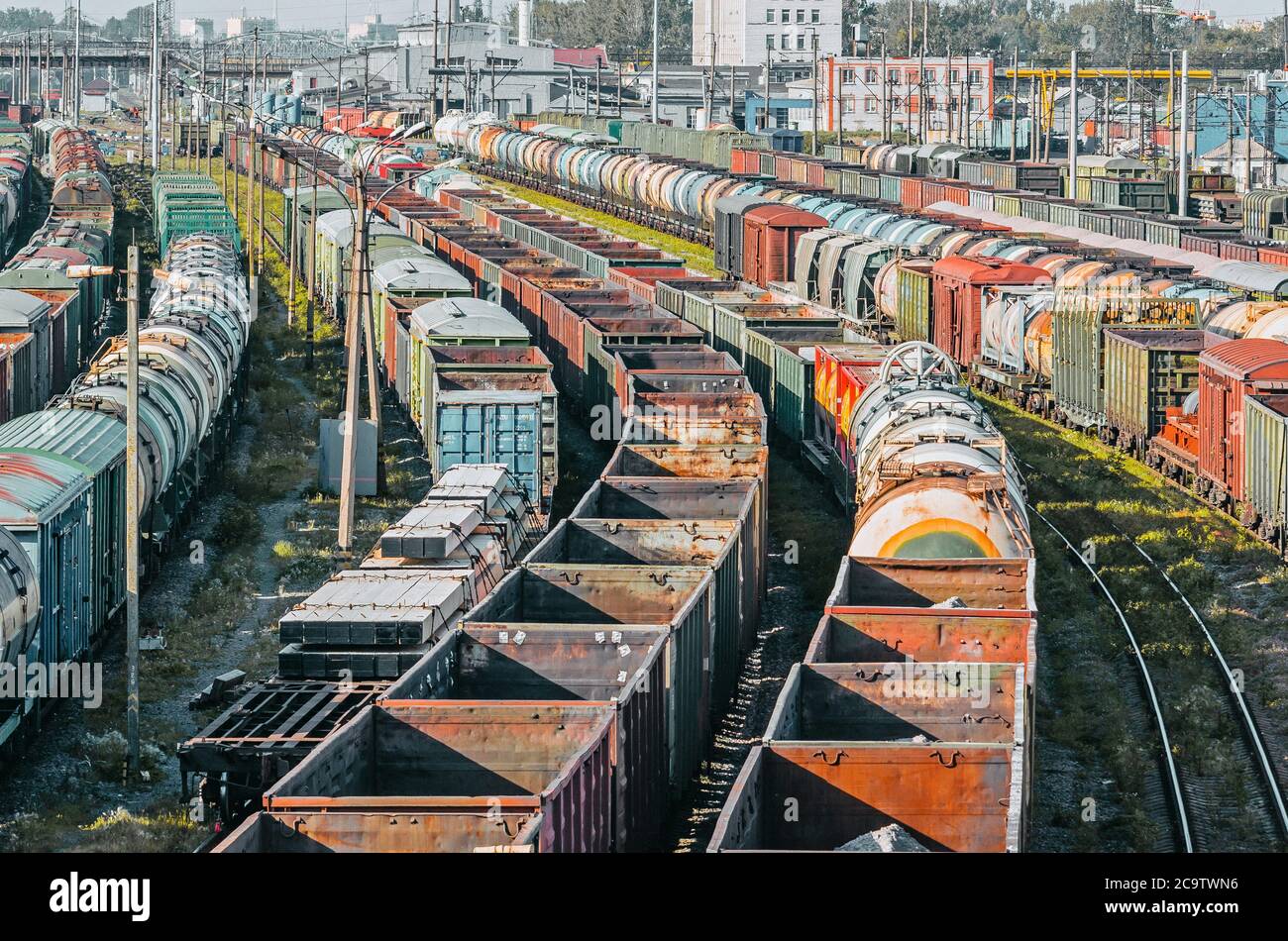 Sorting freight wagons on the railroad while formation the train Stock ...