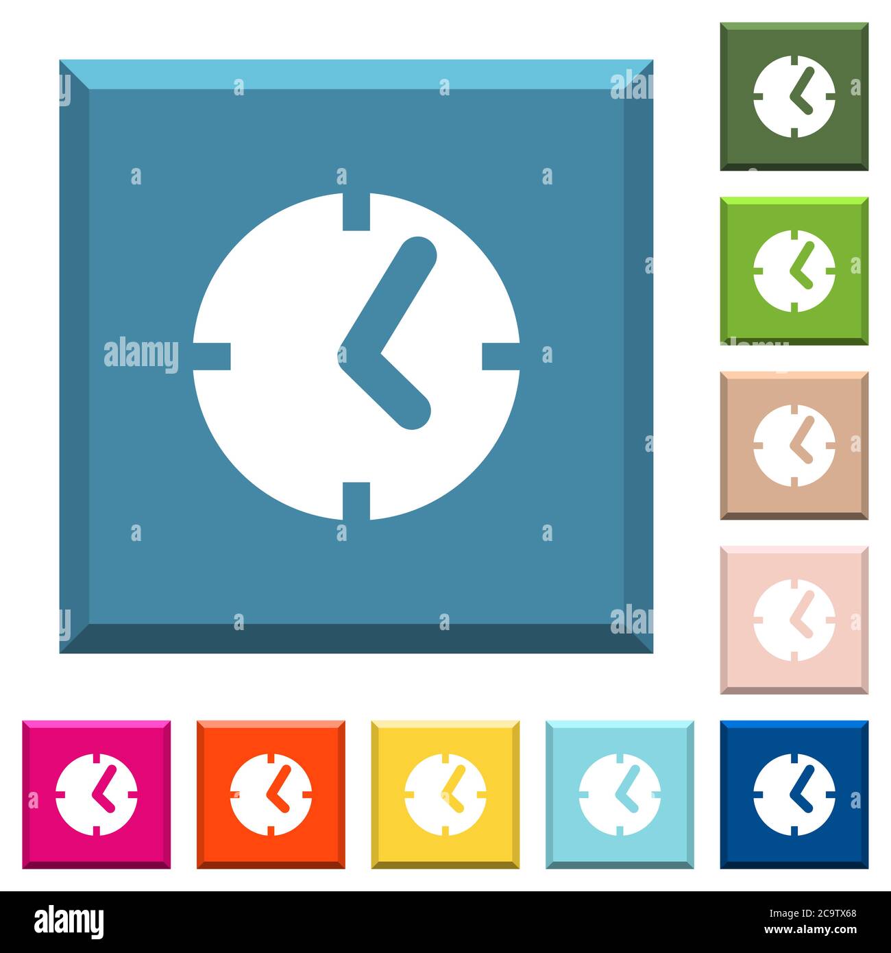 Clock white icons on edged square buttons in various trendy colors ...