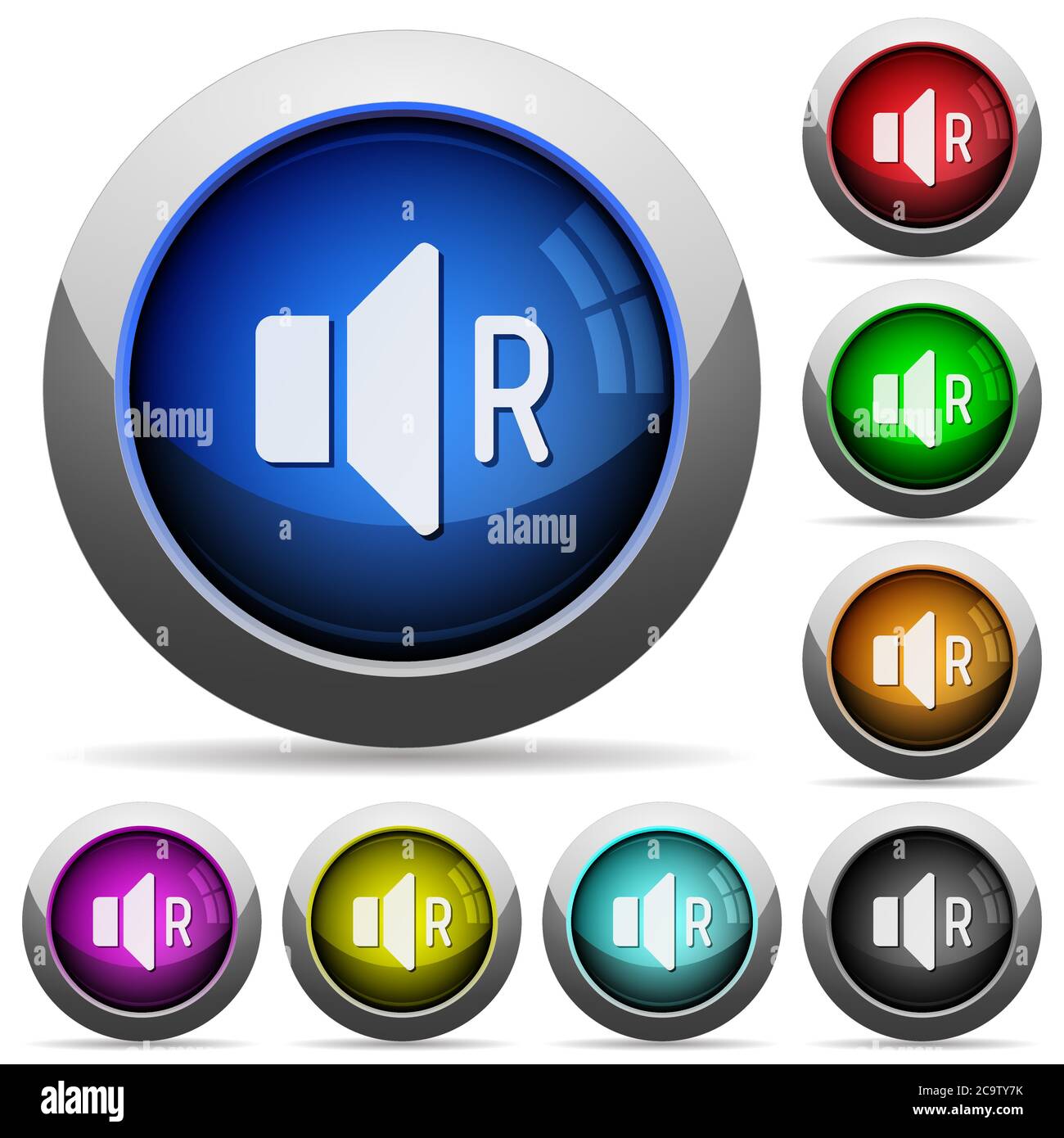 Right audio channel icons in round glossy buttons with steel frames ...