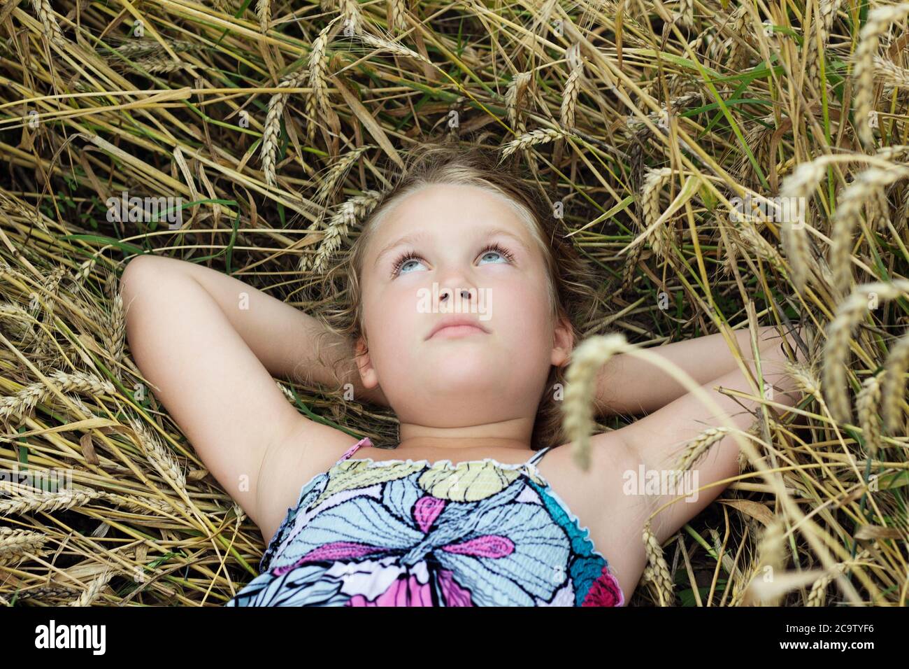 Pretty girl lying in a wheat field, looking up at the sky and dreaming ...