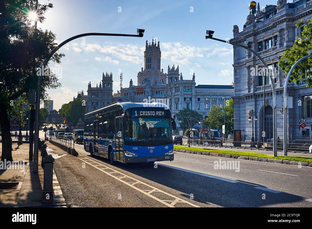 Madrid, Spain - June 3, 2020: A backlight bus runs through the city to ...