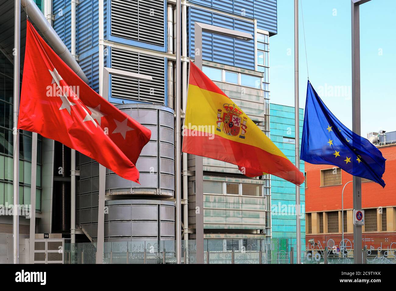 Madrid, Spain - June 16, 2020: Flags of Madrid, Spain and the European ...